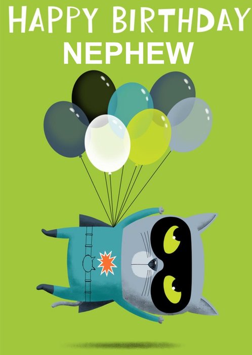 Cat Super Hero flying With Balloons Nephew Birthday Card | Moonpig