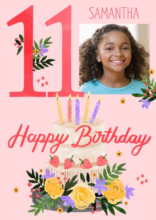 Illustrated Photo Upload Cake Floral 11th Birthday Card | Moonpig