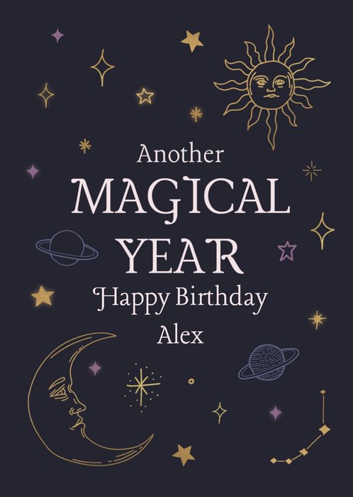 Mystical Astrological Planets Stars And Crescent Moon Birthday Card ...