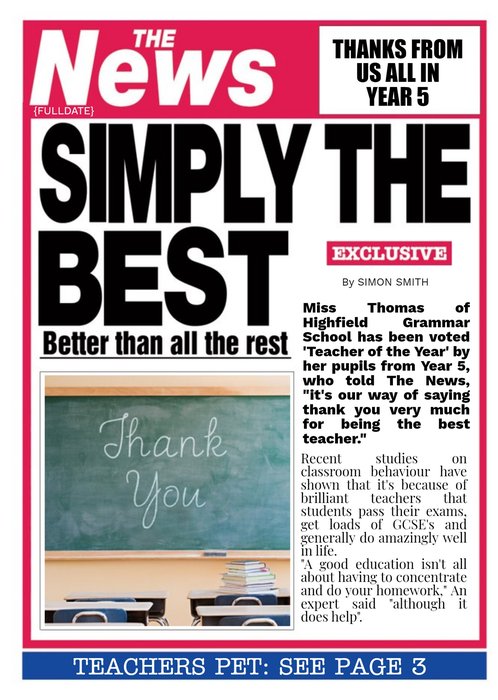 Simply The Best Teacher's Pet Newspaper Headline Personalised Card ...