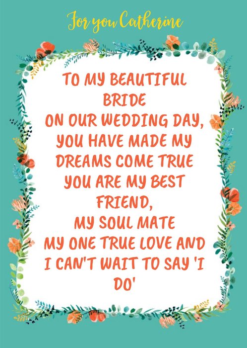 Wedding Card - Wife - Beautiful Bride - Wedding Note - Floral | Moonpig