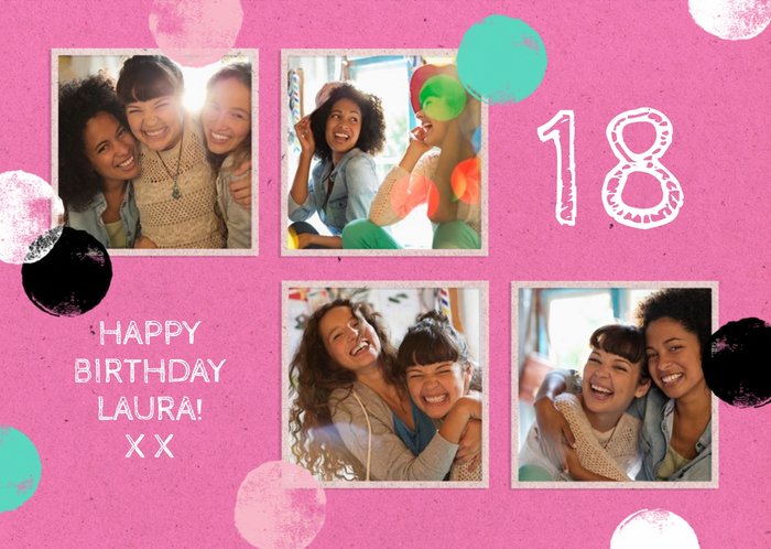 Pink Personalised 4 Photo Upload Happy 18th Birthday Card | Moonpig